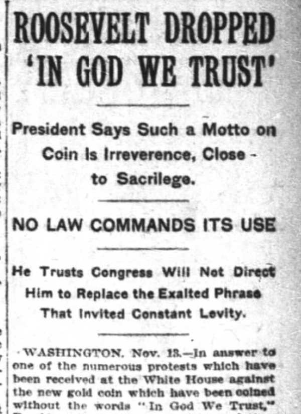 テディ・ルーズベルトはなぜ「我々は神を信頼している」を削除したのか? アメリカの通貨から？