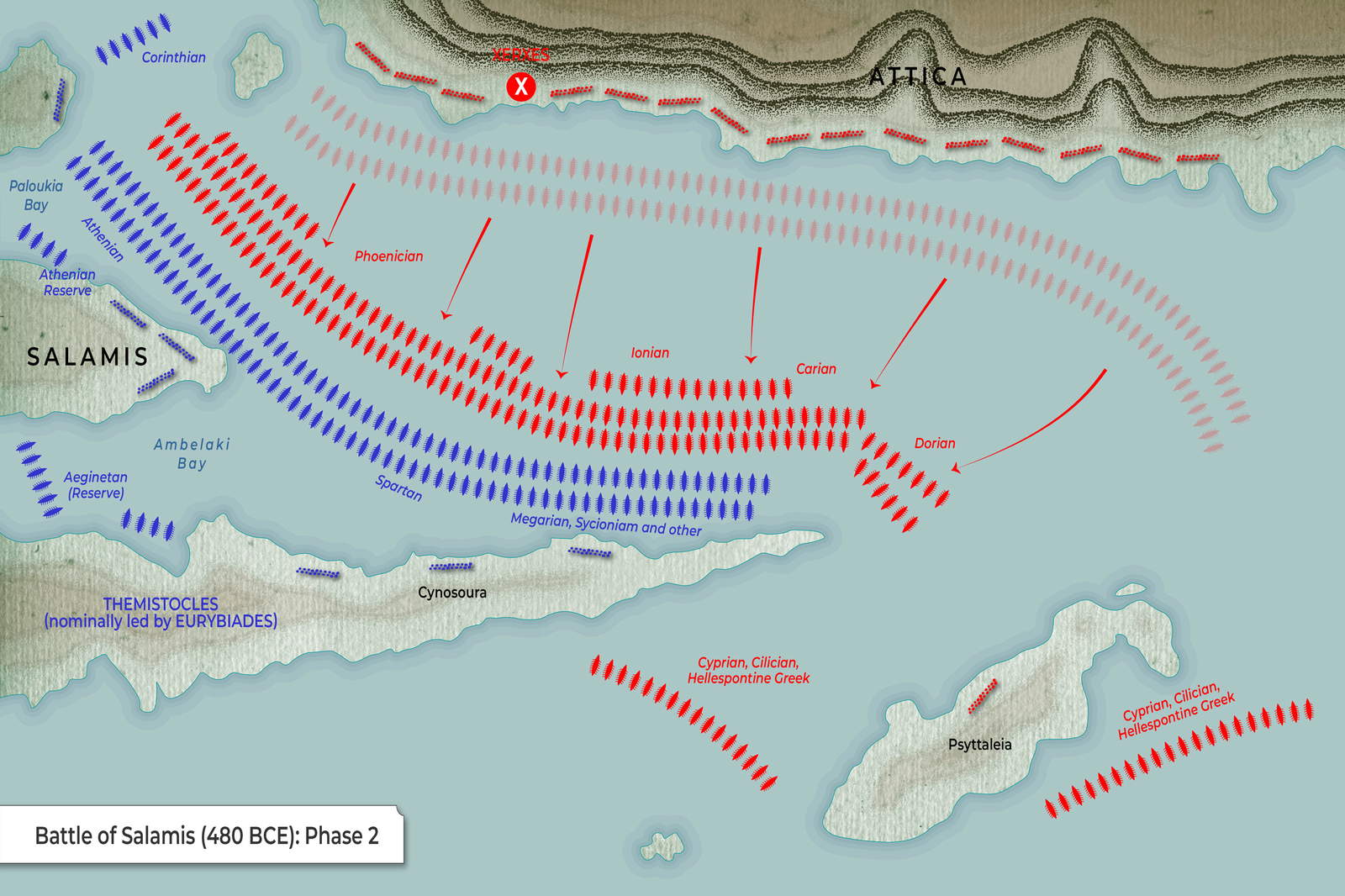 Map: Battle of Salamis (480 BCE) – Initial Attack | TheCollector